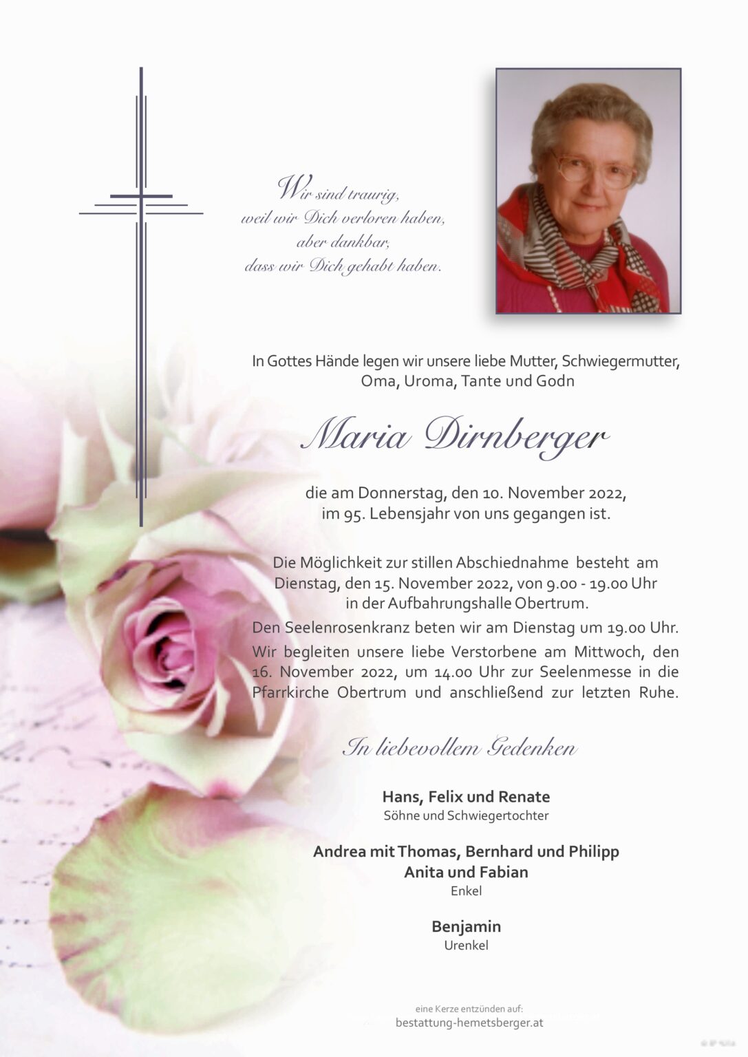 Maria Dirnberger - Bestattung Hemetsberger | Särge | Urnen | Beratung im Trauerfall