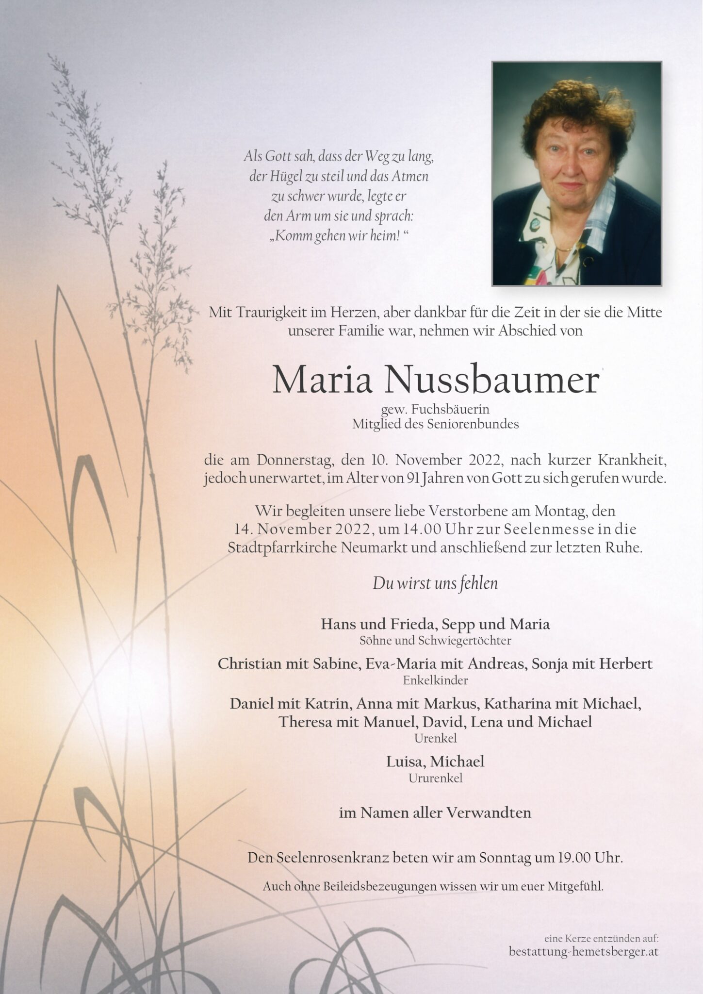 Maria Nussbaumer - Bestattung Hemetsberger | Särge | Urnen | Beratung ...