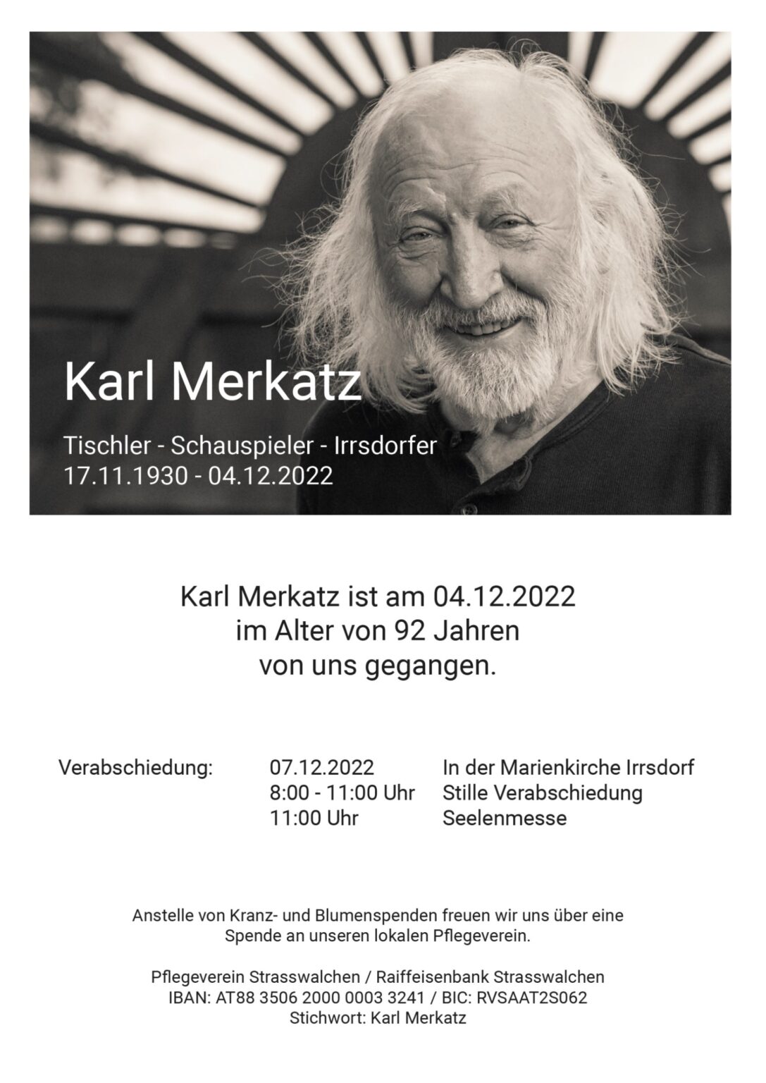 Karl Merkatz - Bestattung Hemetsberger | Särge | Urnen | Beratung im Trauerfall