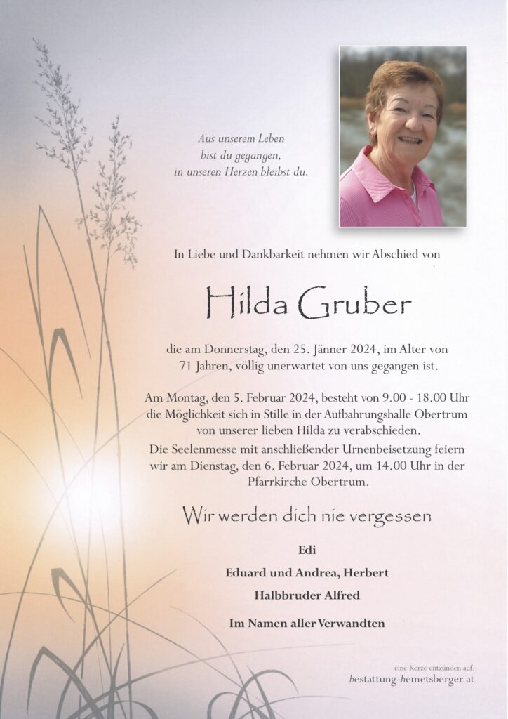 Hilda Gruber - Bestattung Hemetsberger | Särge | Urnen | Beratung im ...