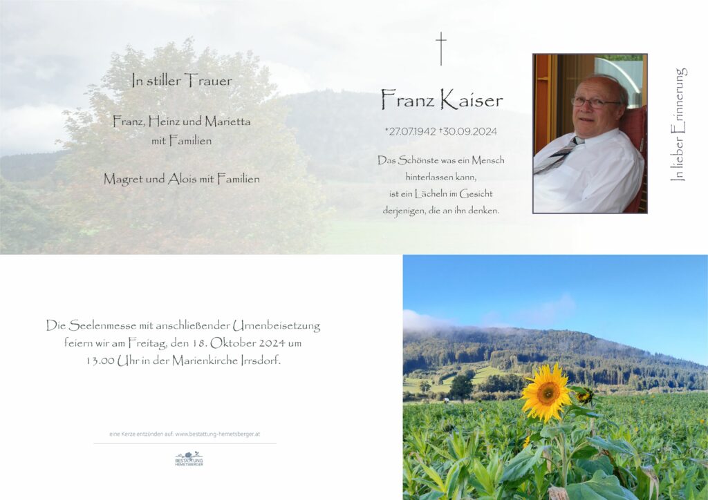 Franz Kaiser - Bestattung Hemetsberger | Särge | Urnen | Beratung im Trauerfall